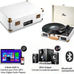 Vinyl Record Player Bluetooth with Speakers 3 Speed Portable Turntable Suitcase Built in 2 Speakers RCA Line Out AUX Headphone Jack PC Recorder-White