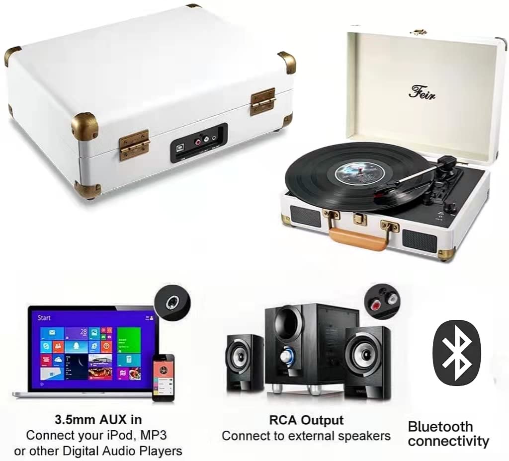 Vinyl Record Player Bluetooth with Speakers 3 Speed Portable Turntable Suitcase Built in 2 Speakers RCA Line Out AUX Headphone Jack PC Recorder-White