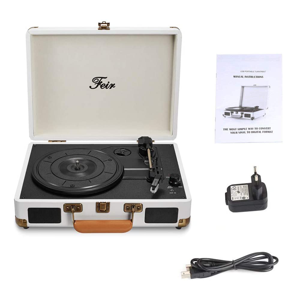 Vinyl Record Player Bluetooth with Speakers 3 Speed Portable Turntable Suitcase Built in 2 Speakers RCA Line Out AUX Headphone Jack PC Recorder-White