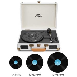 Vinyl Record Player Bluetooth with Speakers 3 Speed Portable Turntable Suitcase Built in 2 Speakers RCA Line Out AUX Headphone Jack PC Recorder-White