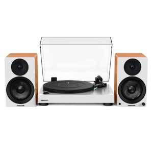 fluance rt81 elite high fidelity vinyl turntable (white) with ai41 powered 5" stereo bookshelf speakers (lucky bamboo), diamond stylus, belt drive, built-in preamp, 90w class d amplifier, bluetooth