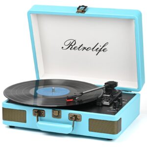 retrolife record player 3 speed bluetooth portable suitcase vinyl player with built-in speakers turntable enhanced audio sound pu leather vintage blue