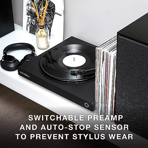 Victrola Hi-Res Black Vinyl Record Player, Audio Technica AT-VM95E Cartridge, aptX Adaptive Bluetooth Connectivity, Gold Plated RCA & Preamp Output, Stylish Sleek Bluetooth Turntable