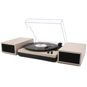 record player lp&no.1 record player with external speakers, 3 speed vintage belt-drive vinyl turntable with wireless playback & auto-stop （pink）