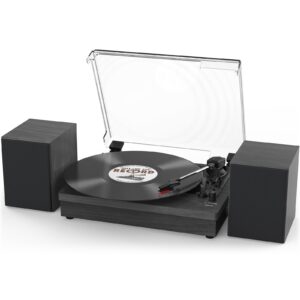 wockoder record player with speakers, 3-speed vinyl record player with dual stereo speakers support wireless connection rca output aux in usb vintage design turntable black, r612