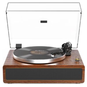 turntable record player with built-in speakers, vinyl record player support bluetooth playback auto stop 33&45 rpm speed rca line out aux in all-in-one belt-drive turntable for vinyl records