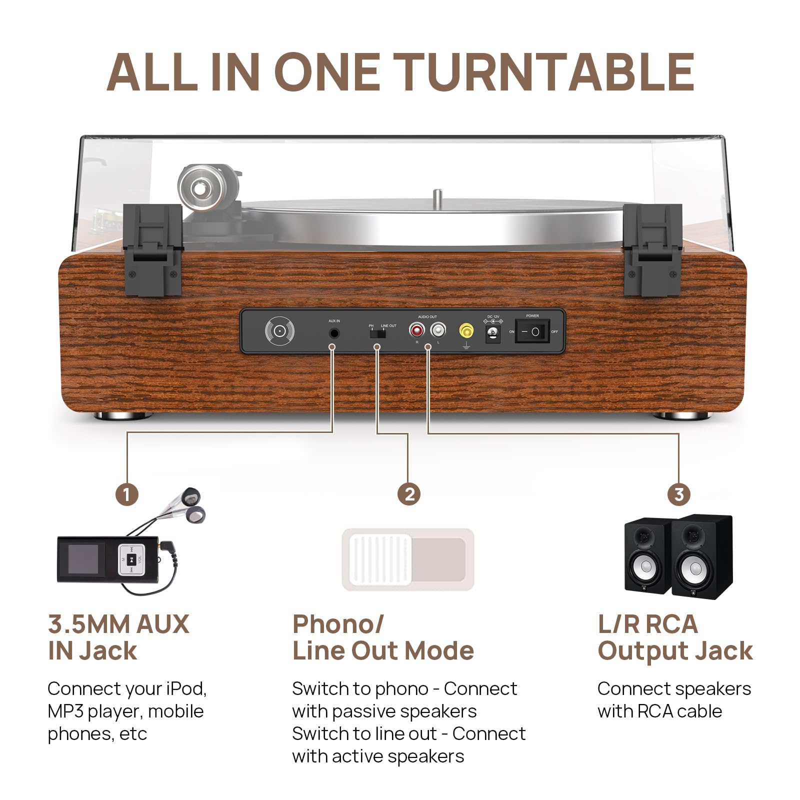 Turntable Record Player with Built-in Speakers, Vinyl Record Player Support Bluetooth Playback Auto Stop 33&45 RPM Speed RCA Line Out AUX in All-in-one Belt-Drive Turntable for Vinyl Records