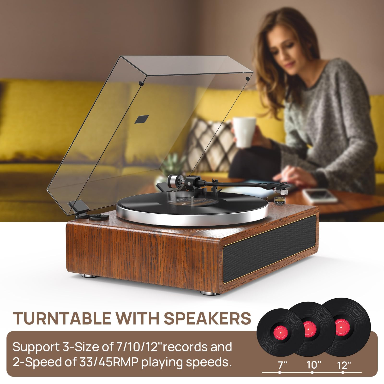 Turntable Record Player with Built-in Speakers, Vinyl Record Player Support Bluetooth Playback Auto Stop 33&45 RPM Speed RCA Line Out AUX in All-in-one Belt-Drive Turntable for Vinyl Records