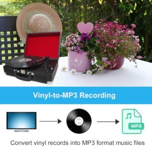 Record Player 3 Speed Portable Suitcase Vinyl Player with Built-in Speakers Turntable Vinyl to MP3 Recording RCA Line Out AUX in Headphone Jack