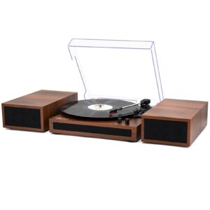 lp&no.1 vinyl record player with stereo bookshelf speakers, vintage wood finish, 3-speed belt-drive turntable with wireless input playback mode, rca output, auto stop | mahogany