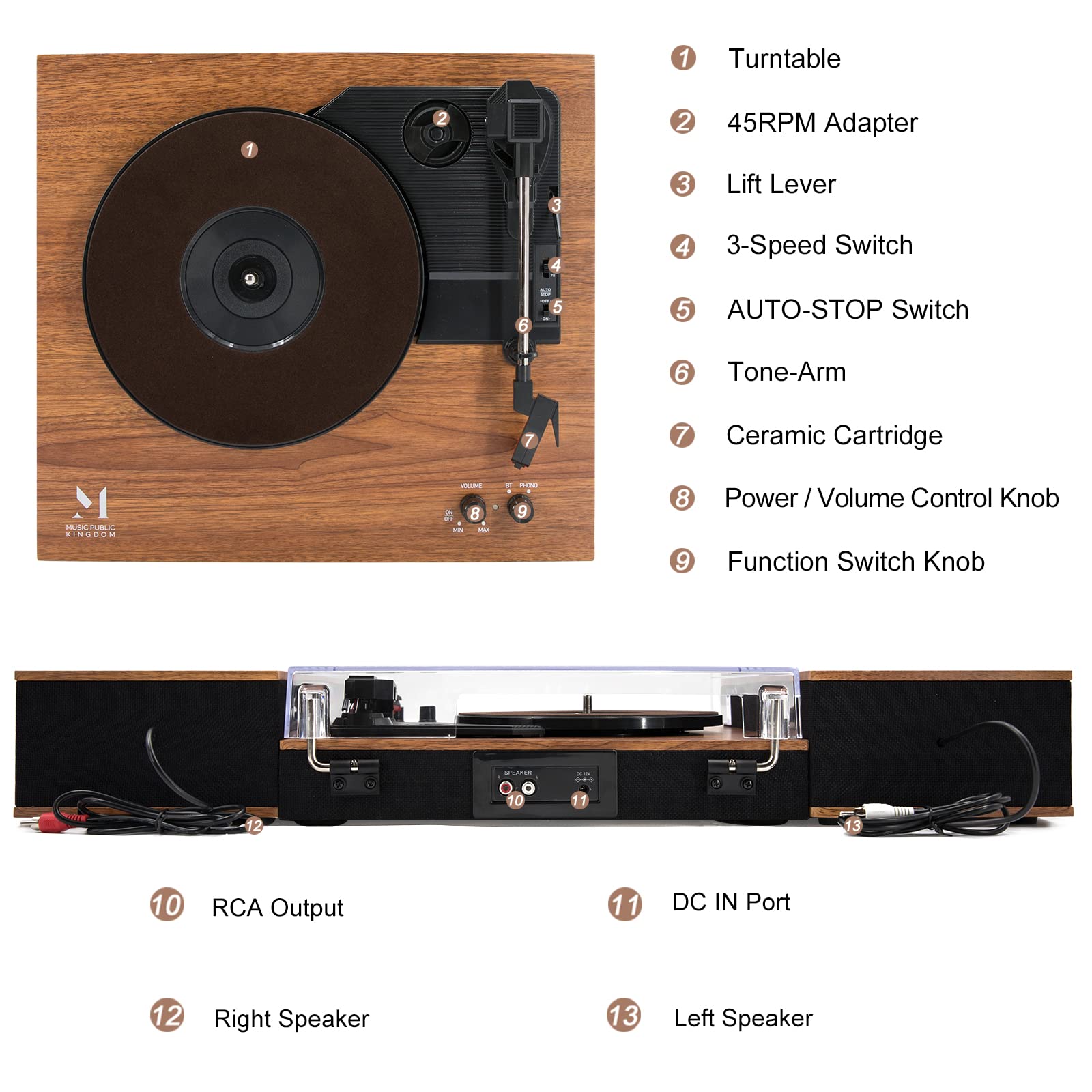 MPK Bluetooth Record Player,Turntable HiFi System with Bookshelf Speakers, 3-Speed Belt-Drive Vinyl Turntable for Vinyl Records with Wireless Playback and Auto-Stop,Yellow Wood