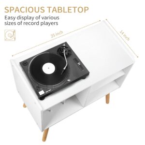 Possile Mid-Century Record Player Stand, Vinyl Record Cabinet Holder with Storage Up to 100 Albums, Record Player Table for Living Room Bedroom Office, Turntable Stand with Wood Legs, White