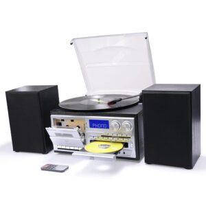 gartopvoiz bluetooth vinyl record player, 3 speeds all in 1 lp turntable with external stereo speakers, cd player cassette am/fm radio usb/sd encoding & playing phonograph