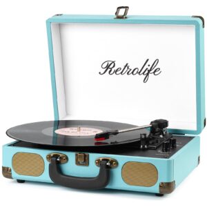 record player with speakers 3-speed bluetooth suitcase portable vinyl record player belt-driven rca line out aux in headphone jack vinyl vintage turntable blue