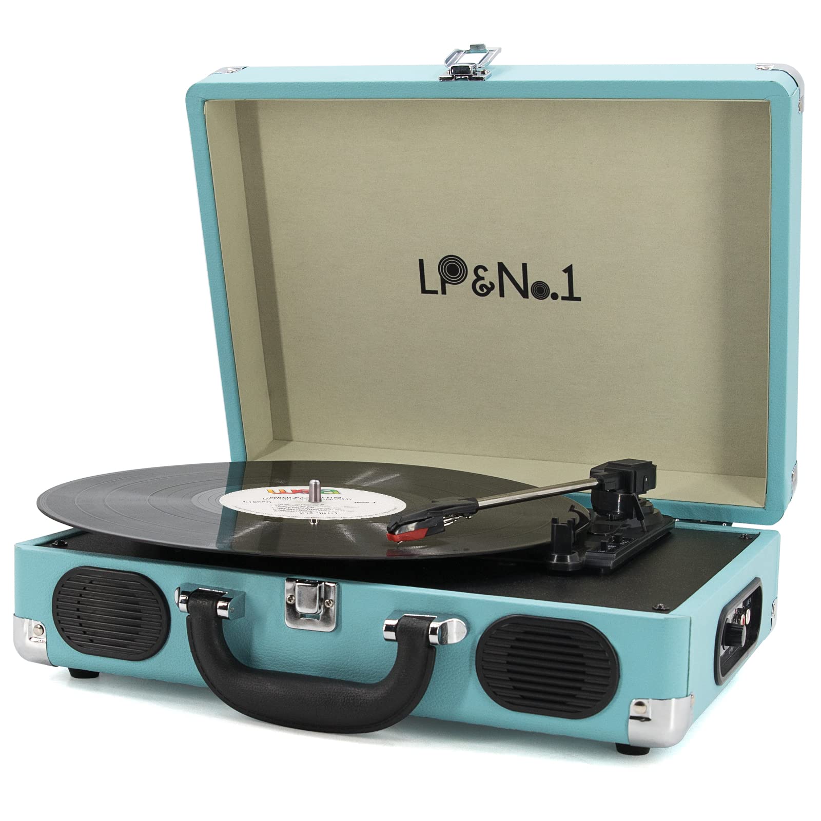 LP&No.1 Portable Suitcase Turntable with Stereo Speaker,3 Speeds Belt-Drive Vinyl Record Player,Classic Blue