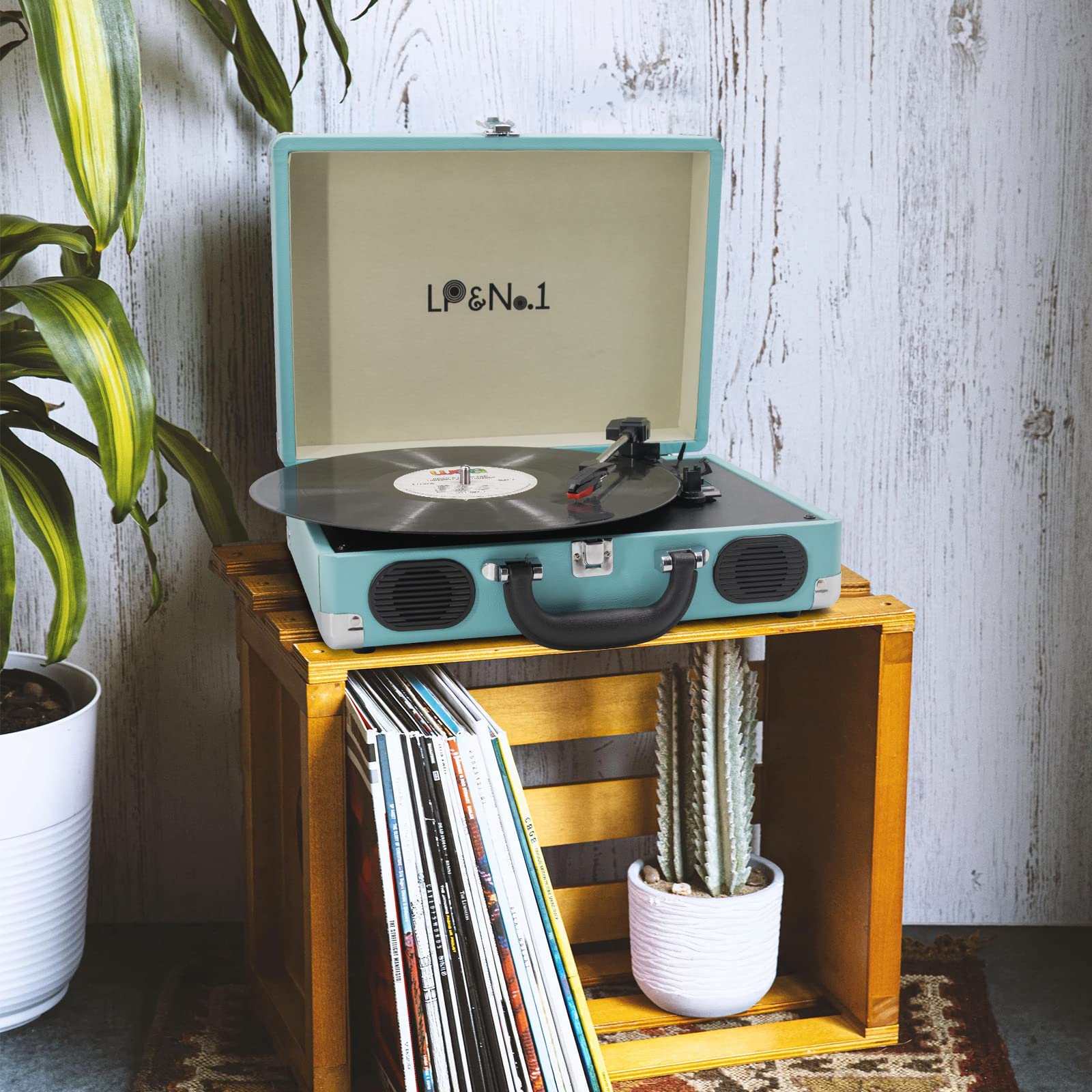 LP&No.1 Portable Suitcase Turntable with Stereo Speaker,3 Speeds Belt-Drive Vinyl Record Player,Classic Blue