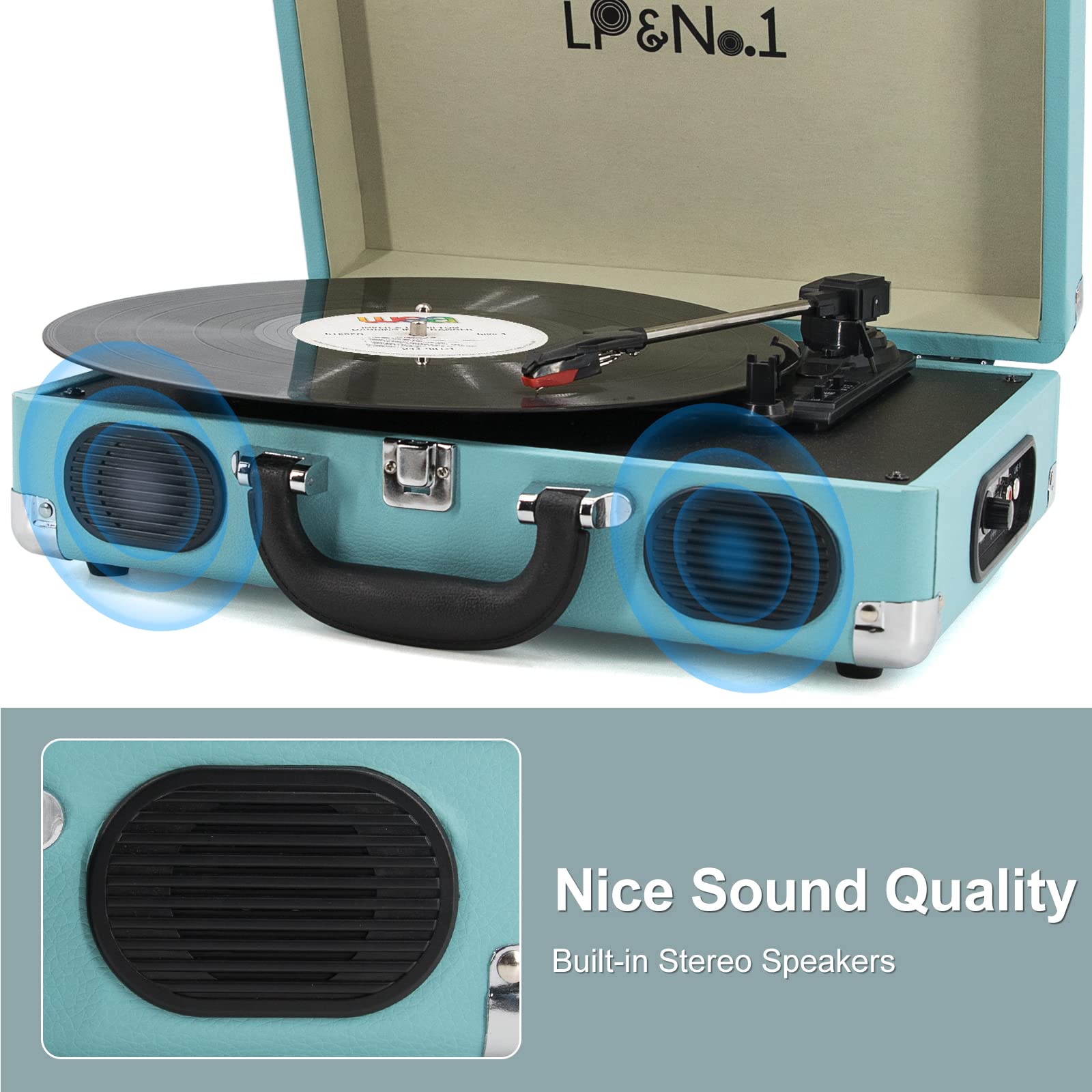 LP&No.1 Portable Suitcase Turntable with Stereo Speaker,3 Speeds Belt-Drive Vinyl Record Player,Classic Blue