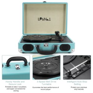 LP&No.1 Portable Suitcase Turntable with Stereo Speaker,3 Speeds Belt-Drive Vinyl Record Player,Classic Blue