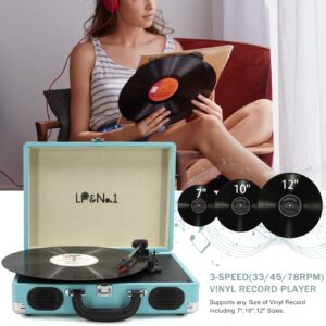 LP&No.1 Portable Suitcase Turntable with Stereo Speaker,3 Speeds Belt-Drive Vinyl Record Player,Classic Blue