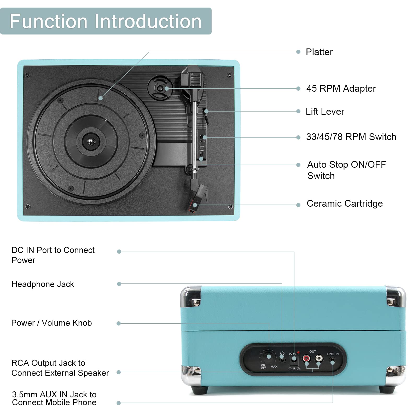 LP&No.1 Portable Suitcase Turntable with Stereo Speaker,3 Speeds Belt-Drive Vinyl Record Player,Classic Blue