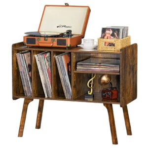 lerliuo record player stand with 4 cabinet holds up to 220 albums, large turntable stand with beech wood legs, mid-century record player table,brown vinyl holder storage shelf for bedroom living room