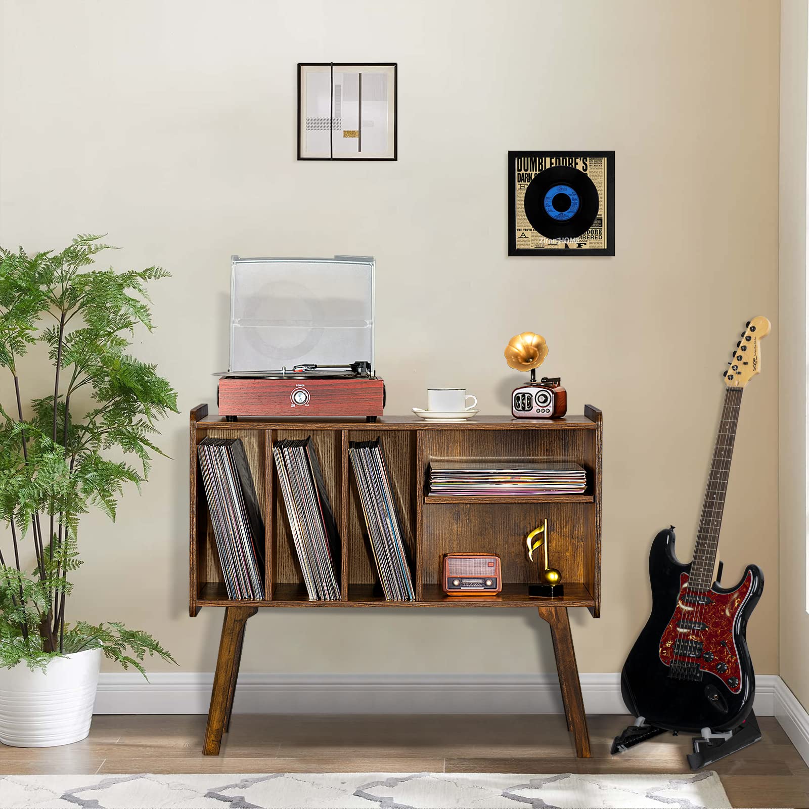 Lerliuo Record Player Stand with 4 Cabinet Holds Up to 220 Albums, Large Turntable Stand with Beech Wood Legs, Mid-Century Record Player Table,Brown Vinyl Holder Storage Shelf for Bedroom Living Room