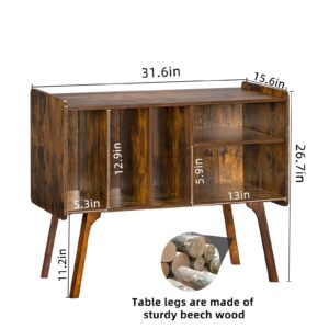 Lerliuo Record Player Stand with 4 Cabinet Holds Up to 220 Albums, Large Turntable Stand with Beech Wood Legs, Mid-Century Record Player Table,Brown Vinyl Holder Storage Shelf for Bedroom Living Room