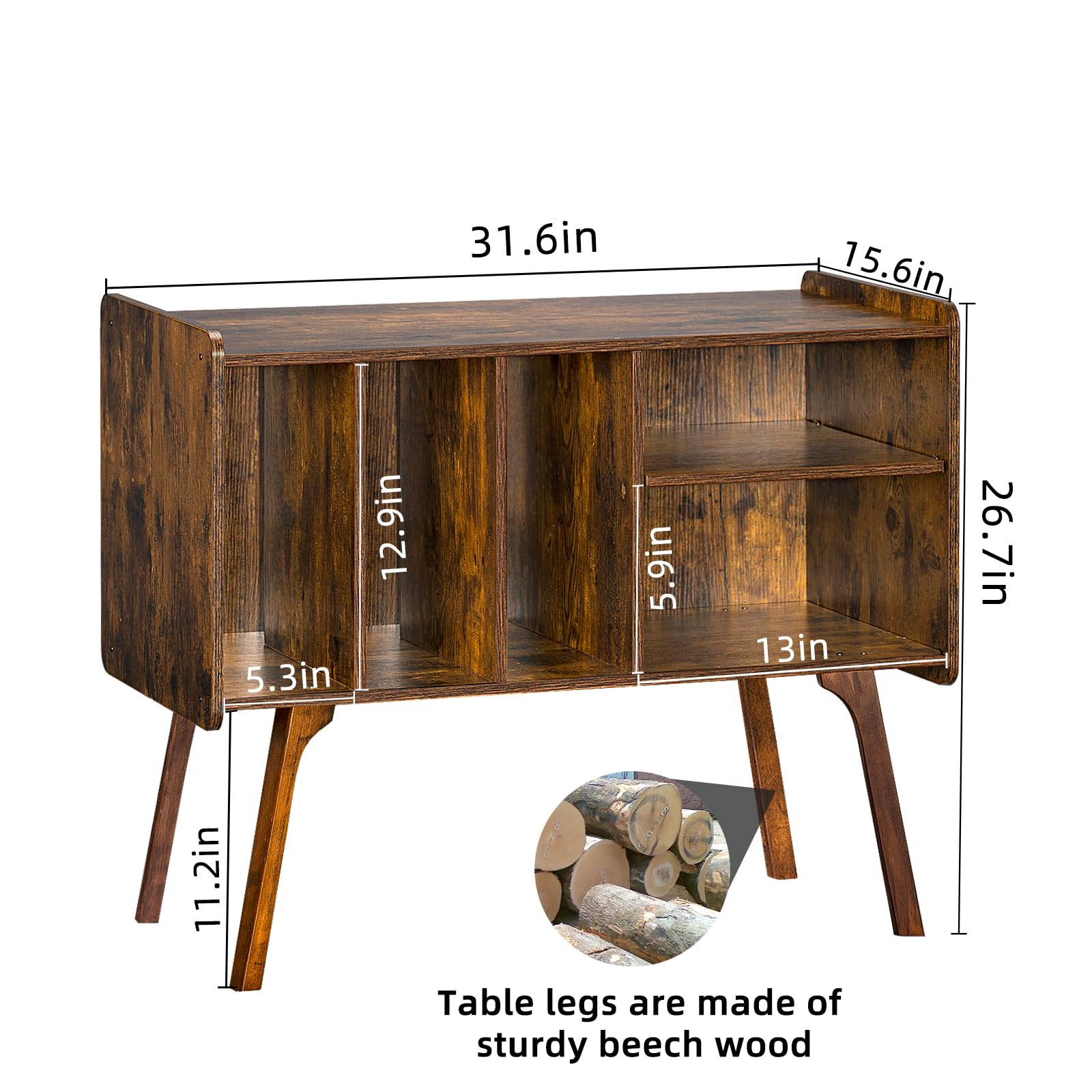 Lerliuo Record Player Stand with 4 Cabinet Holds Up to 220 Albums, Large Turntable Stand with Beech Wood Legs, Mid-Century Record Player Table,Brown Vinyl Holder Storage Shelf for Bedroom Living Room