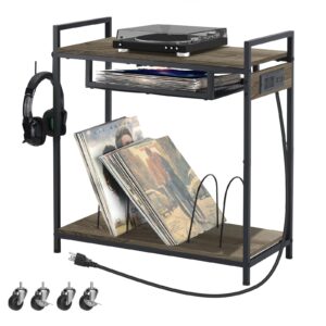 record player stand vinyl record stand with 2 tier storage and wheels turntable stand with charging station and album storage end table with vinyl holder display shelf for living room grey