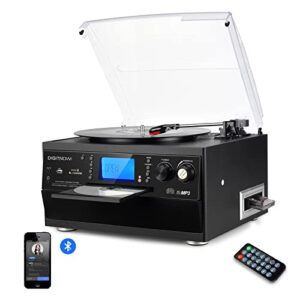 digitnow bluetooth record player turntable with stereo speaker, lp vinyl to mp3 converter with cd, cassette, radio, aux in and usb/sd encoding, remote control, audio music player built in amplifier