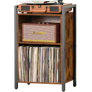 lelelinky record player stand, 2-tier vinyl record storage cabinet with metal frame, cube vinyl holder organizer, turntable stand, end table, nightstand for living room, bedroom, office- retro brown