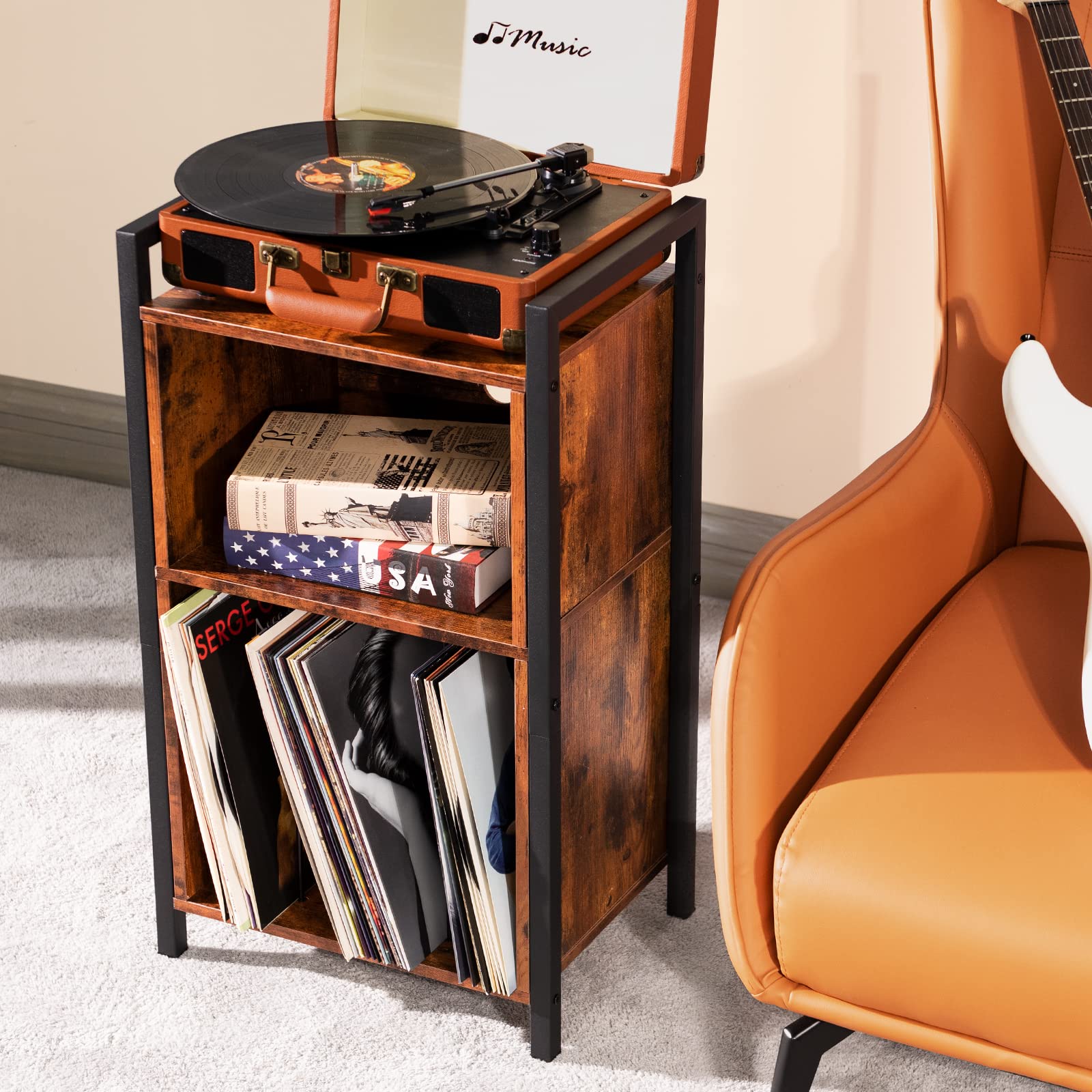 LELELINKY Record Player Stand, 2-Tier Vinyl Record Storage Cabinet with Metal Frame, Cube Vinyl Holder Organizer, Turntable Stand, End Table, Nightstand for Living Room, Bedroom, Office- Retro Brown