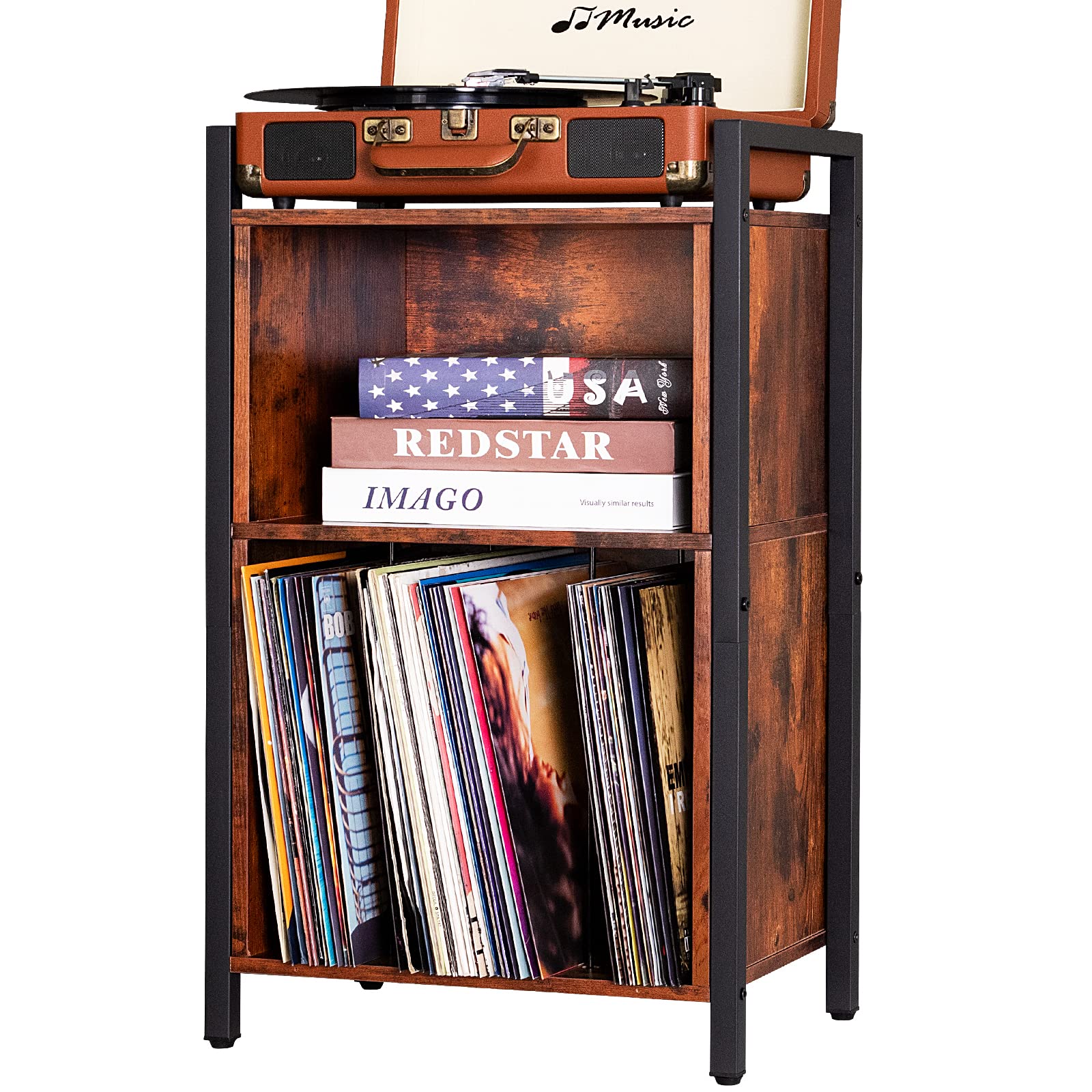 LELELINKY Record Player Stand, 2-Tier Vinyl Record Storage Cabinet with Metal Frame, Cube Vinyl Holder Organizer, Turntable Stand, End Table, Nightstand for Living Room, Bedroom, Office- Retro Brown