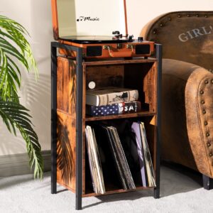 LELELINKY Record Player Stand, 2-Tier Vinyl Record Storage Cabinet with Metal Frame, Cube Vinyl Holder Organizer, Turntable Stand, End Table, Nightstand for Living Room, Bedroom, Office- Retro Brown