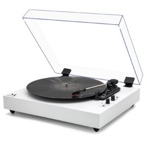 vintage 3-speed turntable bluetooth input record player vinyl record player with twin built-in stereo speakers,auto stop,rca output, full size platter,acrylic dust cover,white leather