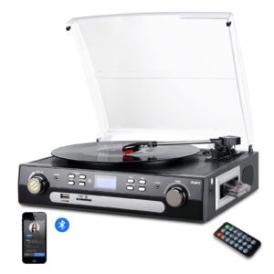 digitnow bluetooth record player with stereo speakers, turntable for vinyl to mp3 with cassette play, am/fm radio, remote control, usb/sd encoding, 3.5mm music output jack(black)