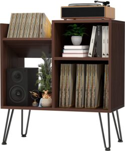 iyrany record player stand, turntable stand with record storage, vinyl record storage cabinet with metal legs, record player table holds up to 250 albums for living room, bedroom, office, et