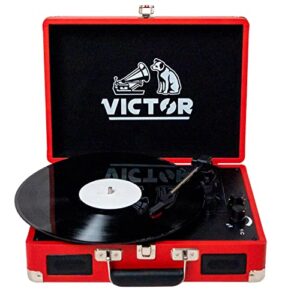 victor metro 3-speed portable suitcase turntable record player with dual bluetooth in & out and built-in stereo speakers, red