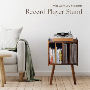 2BHOME Wooden LP Record Player Stand with 4 Cabinets, Holds up to 100 Vinyls, Metal Record Storage Holder and Organizer Table, Classical Design for Files/Book (Mid-Century Modern)