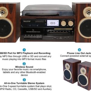 Boytone BT-28SPM, Bluetooth Classic Style Record Player Turntable with AM/FM Radio, CD / Cassette Player, 2 Separate Stereo Speakers