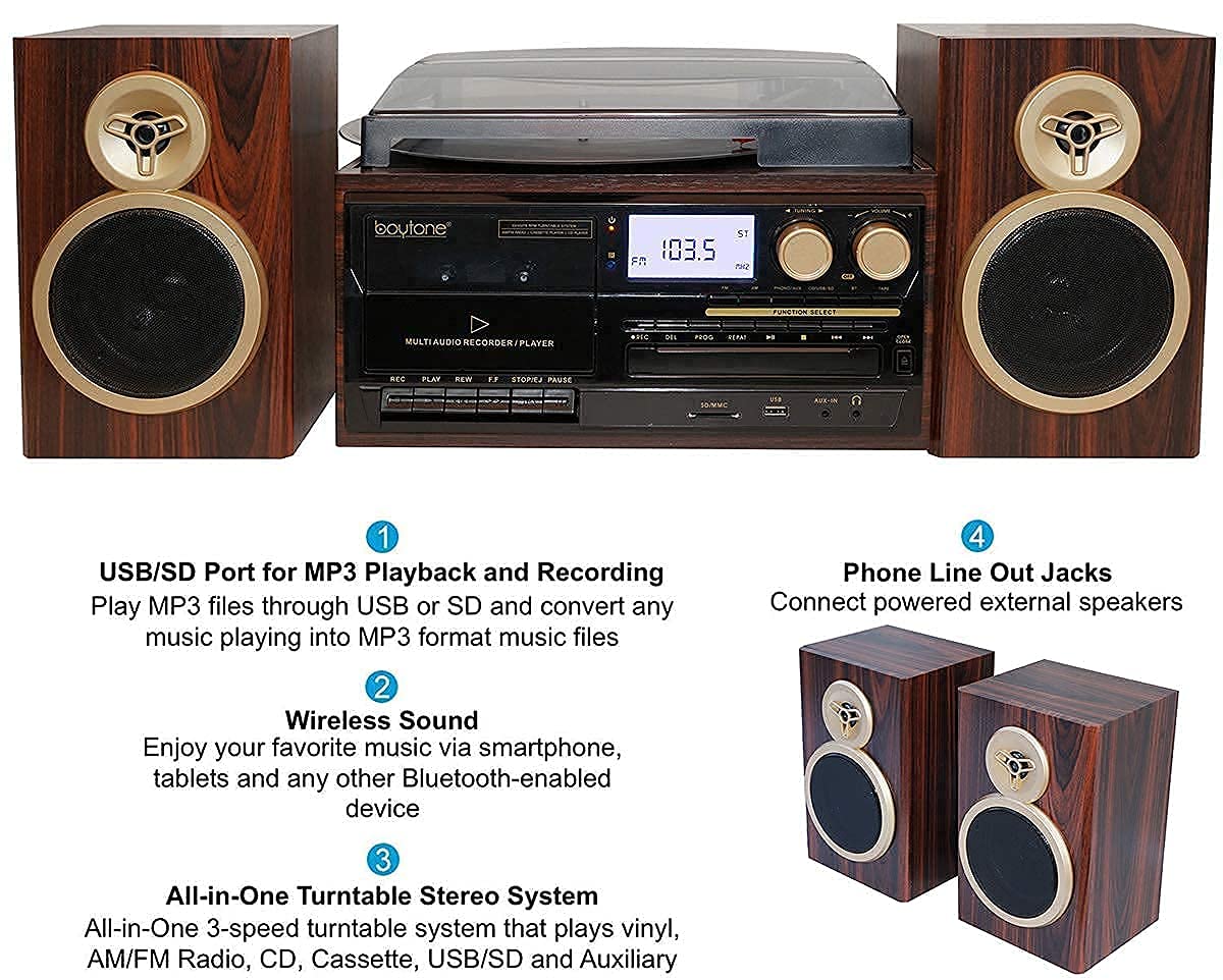 Boytone BT-28SPM, Bluetooth Classic Style Record Player Turntable with AM/FM Radio, CD / Cassette Player, 2 Separate Stereo Speakers