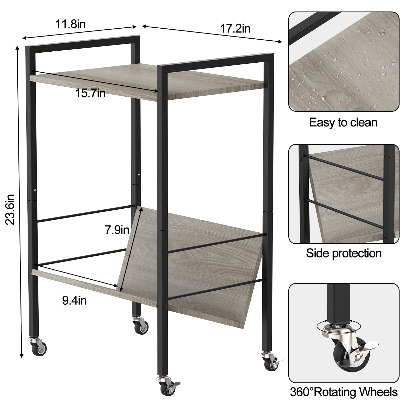 NOVIMANGO Record Player Stand with Storage, Vinyl Player Stand 2 Tier Vinyl Record Storage with Wheels Turntable Stand with Metal Frame Industrial Record Player Cabinet for Bedroom Office, Gray