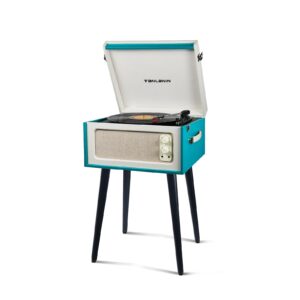 standing record player with legs and bass & treble control, 33/45/78 rpm vinyl lp player bluetooth vintage turntables with built-in speakers support headphone jack, rca out, aux in, teal