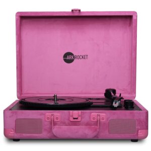 arkrocket curiosity bluetooth turntable retro suitcase 3-speed record player with built-in speakers (hot pink velvet)