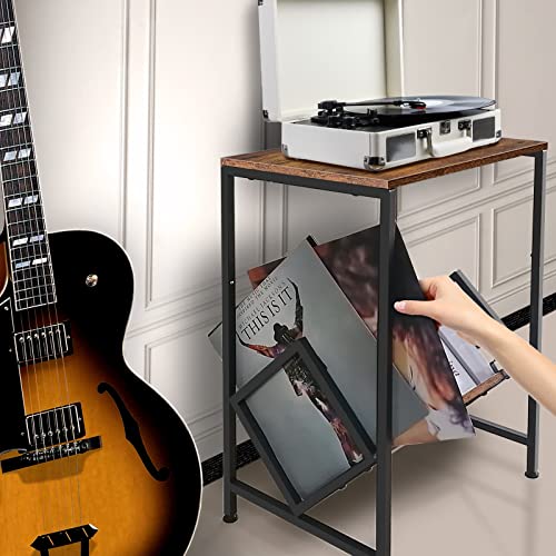 Telawsfun Record Player Stand Table with Album Storage, Record Player Shelf Cabinet Holder Up to 80 Lp, Metal &Wood Vinyl Record Display Desk ,Small Side End Table for Most Turntables