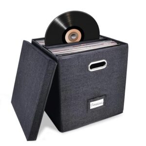 sturdy vinyl record storage box - album storage holds up 50+ single record, lp storage organizer crate with lid, decorative moving box for records, solutions to protect your precious collection black