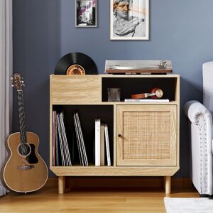 rattan record player stand, turntable stand with record storage, vinyl record storage cabinet, mid century concord turntable stand table holds up to 250 albums for living room bedroom office, natural