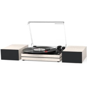 record player for vinyl with external speakers, belt-drive turntable with dual stereo speakers vintage vinyl lp player support 3 speed wireless aux headphone input auto stop for music lover white