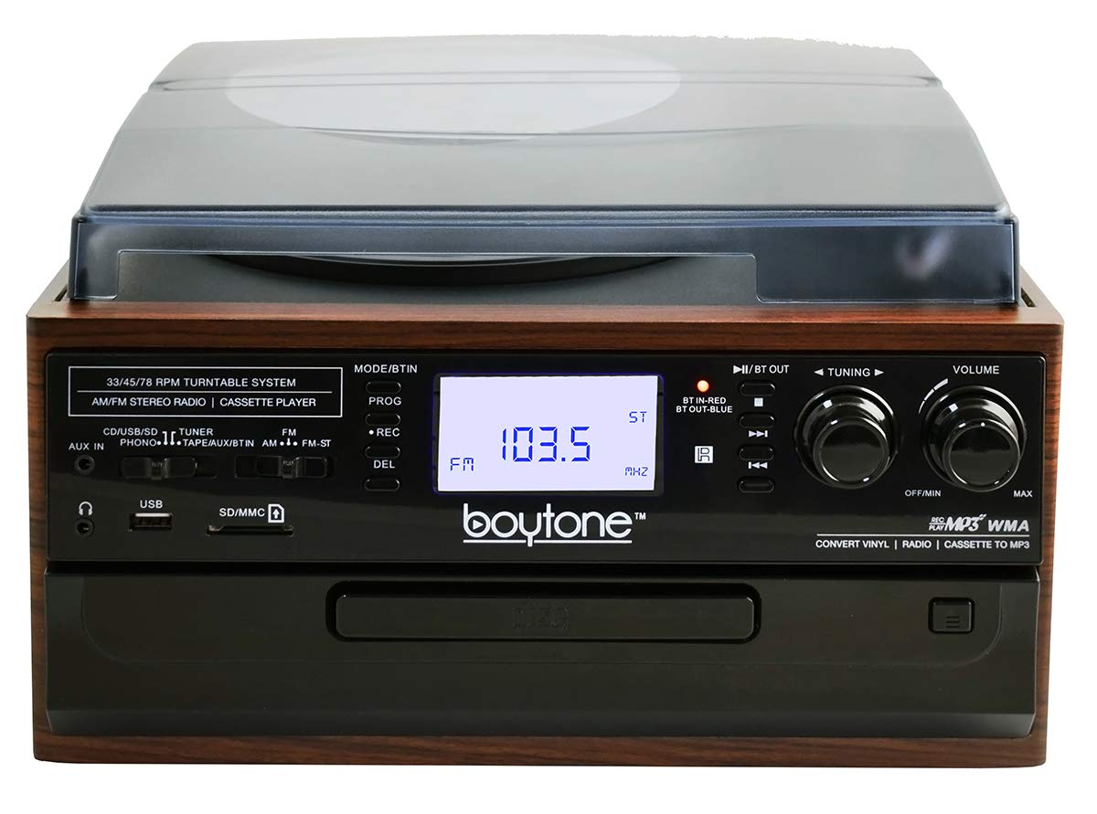 Boytone BT-22M, Bluetooth Record Player Turntable, AM/FM Radio, Cassette, CD Player, 2 Built in Speaker, Ability to Convert Vinyl, Radio, Cassette, CD to MP3 Without a Computer, SD Slot, USB, AUX