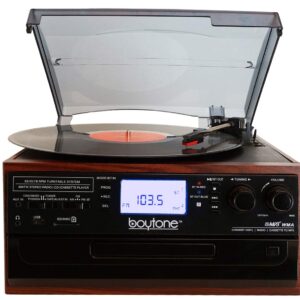 Boytone BT-22M, Bluetooth Record Player Turntable, AM/FM Radio, Cassette, CD Player, 2 Built in Speaker, Ability to Convert Vinyl, Radio, Cassette, CD to MP3 Without a Computer, SD Slot, USB, AUX